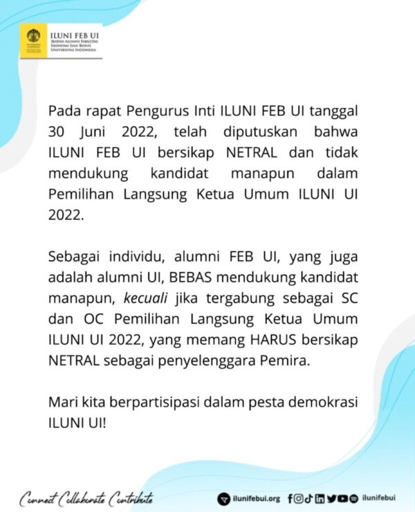 Pernyataan Sikap ILUNI FEB UI terhadap Pemilihan Ketua Umum ILUNI UI 2022 - ILUNI FEB UI